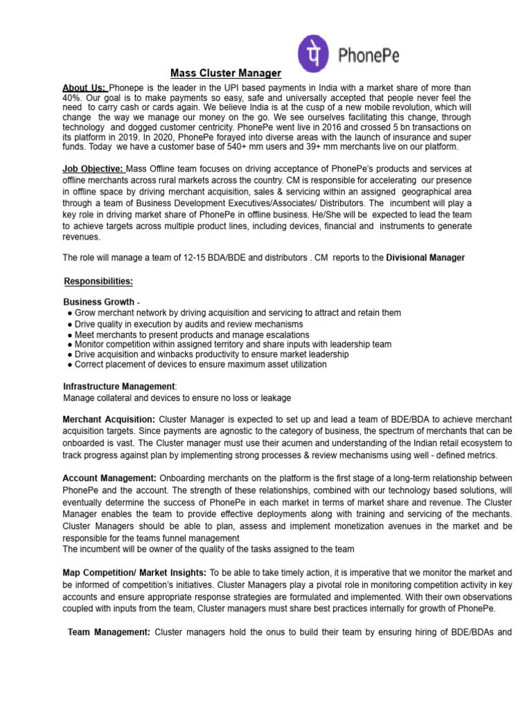 Mass Cluster Manager - JD Phonepe | PDF | Business | Economies