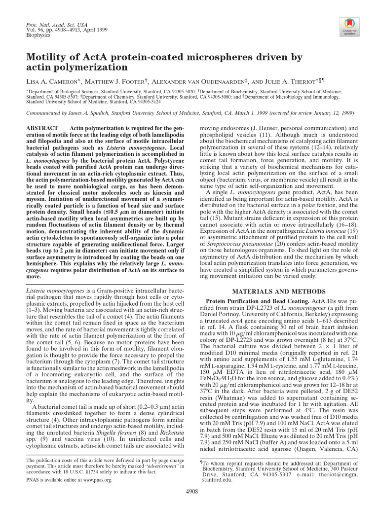 Motility of ActA protein-coated microspheres driven byactin ...