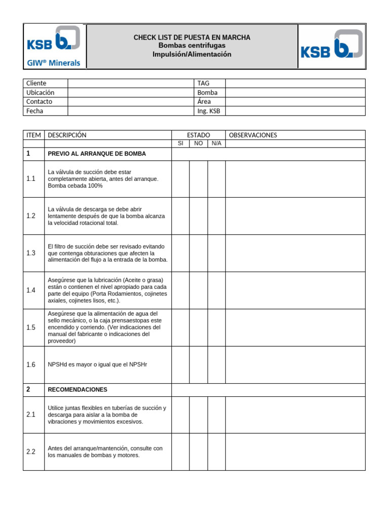 Checklist de Arranque para Bombas Centrífugas | PDF | Rodamiento ...