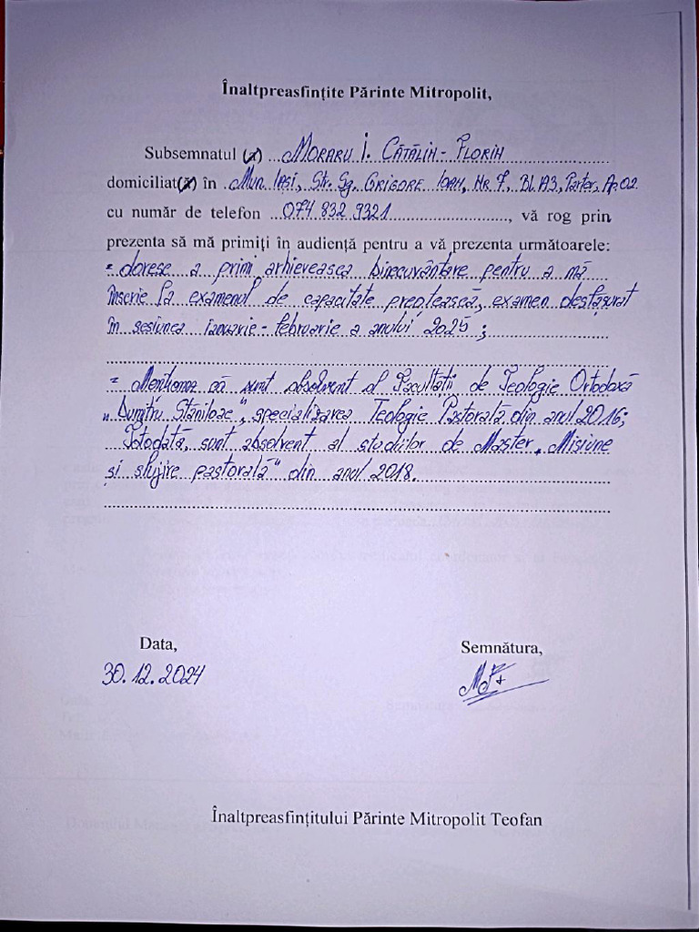 Solicitare Arhiereasca Binecuvântare | PDF