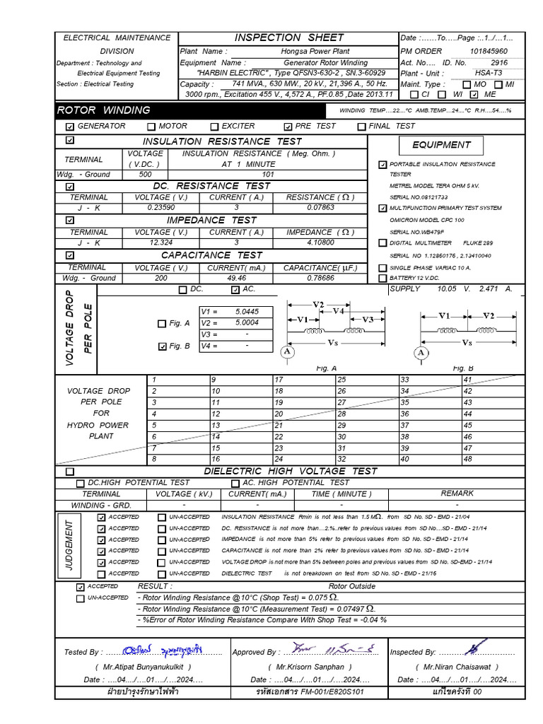 2916 Generator Rotor (El Test) | PDF | Voltage | Electrical Impedance