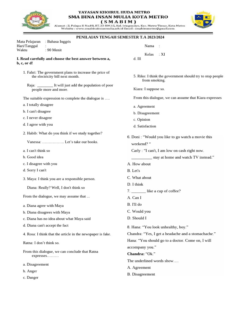 SOAL PTS B.INGGRIS Kelas XI | PDF