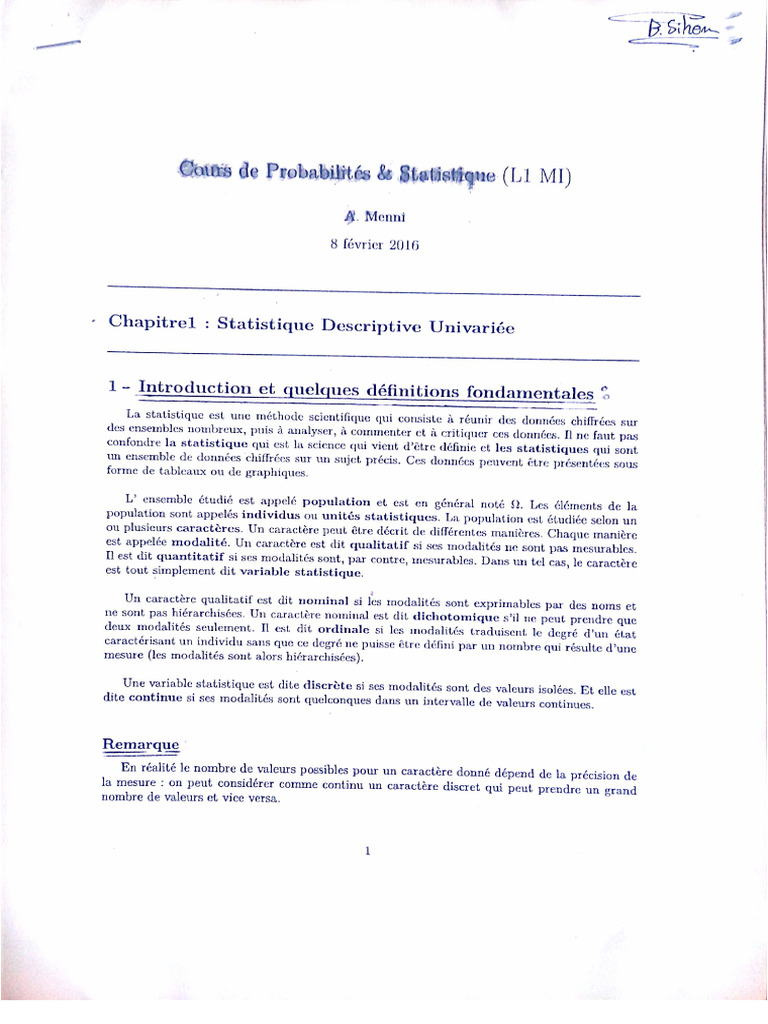 Cours Probabilite Et Statistique Chapitre 1 Statistiques Descriptive ...