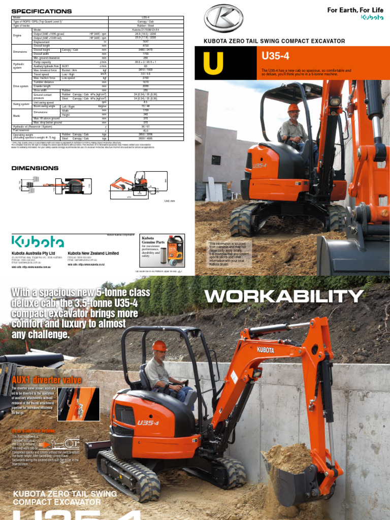 Kubota U35-4 Compact Excavator Specs | PDF | Horsepower | Engines