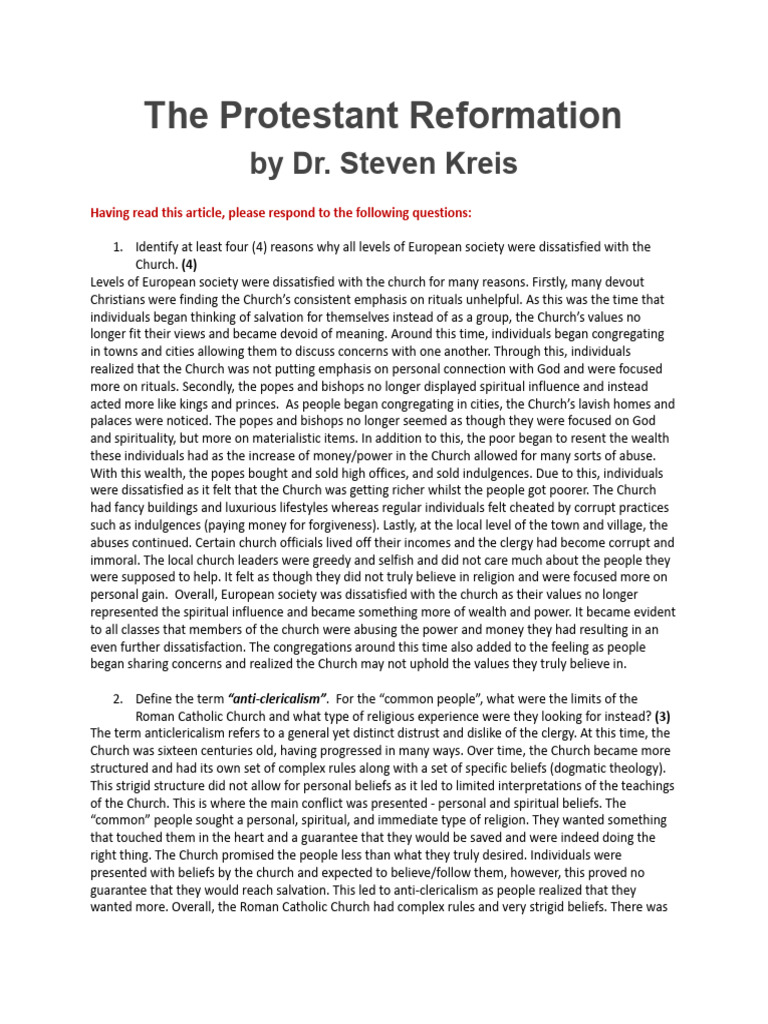 Protestant Reformation Questions. | PDF | Indulgence | Martin Luther
