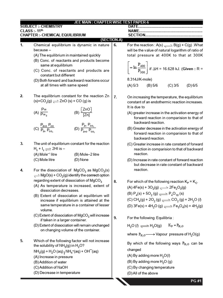 6-Chemical Equilibrium Question | PDF | Chemical Equilibrium ...