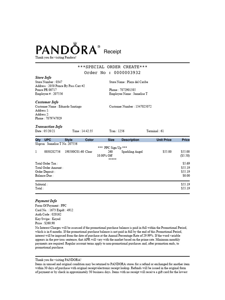 Pandora Receipt for Order 0000003932 | PDF | Receipt | Annual ...