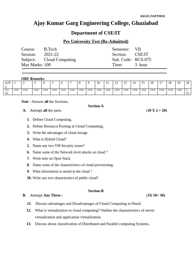 Cloud Computing KCS-713 PUT QP Re-Admit ODD 21-22 | PDF | Cloud Computing | Virtualization