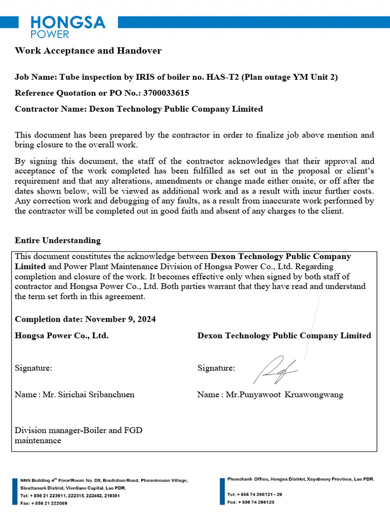 Work Acceptance and Handover Form Rev.02 - 2406016 - Rev.01 | PDF