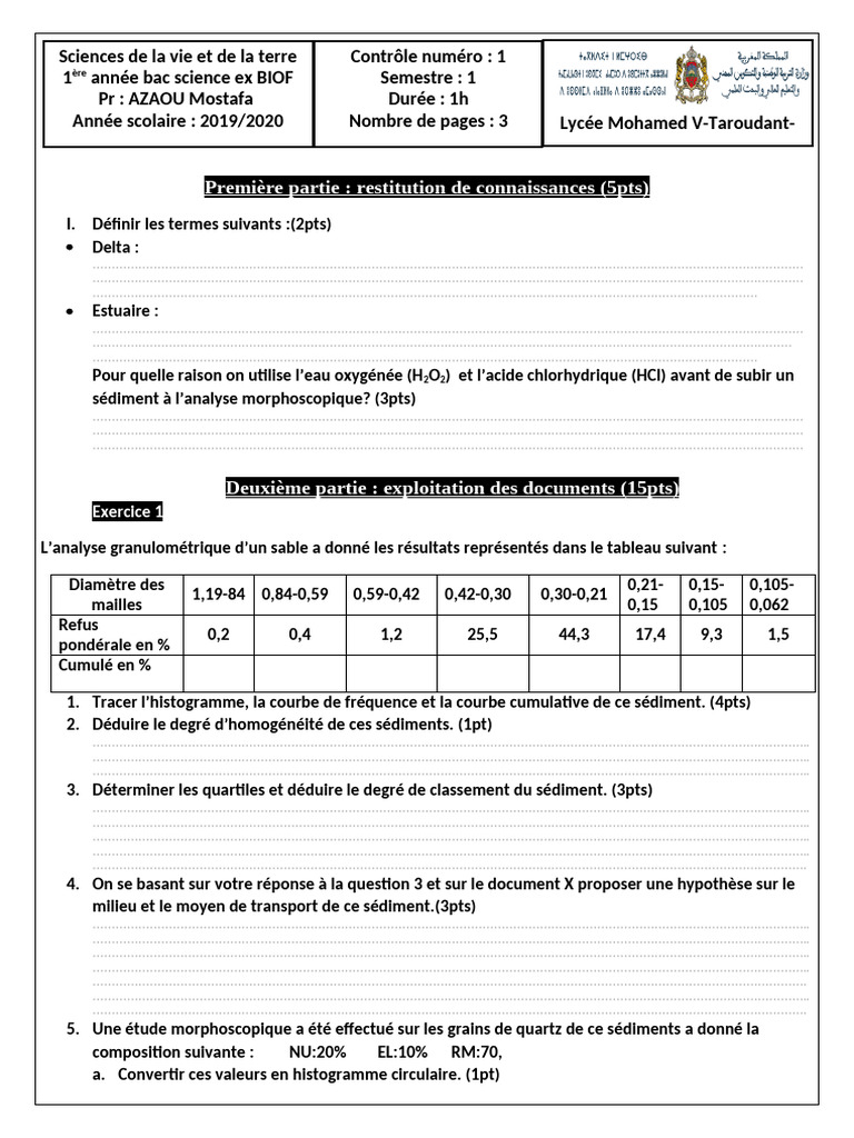 Exercice SVT 1 Bac Biof Corrigé | PDF | Ruisseau | Sable