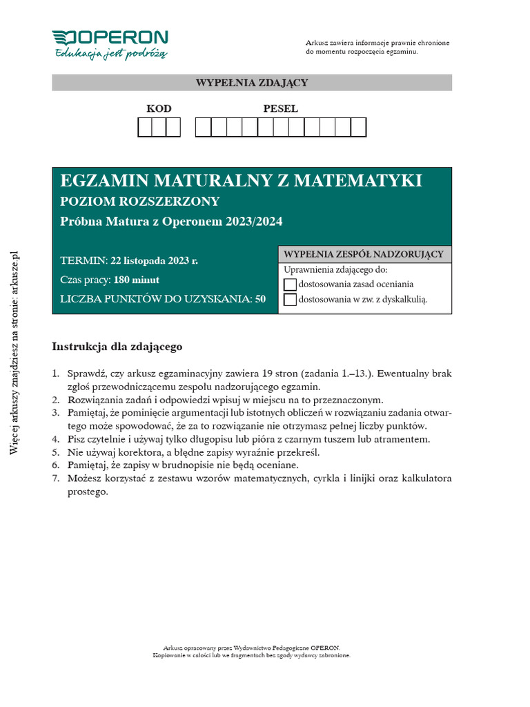 Matematyka 2023 Operon Probna Rozszerzona | PDF