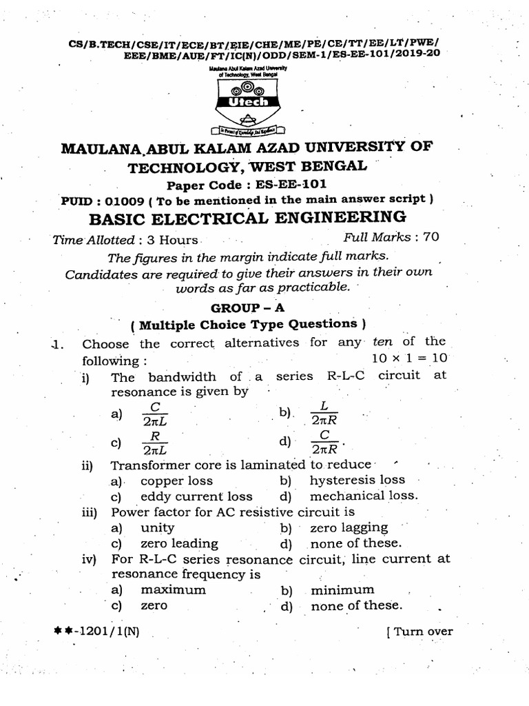 Btech 1 Sem Basic Electrical Engineering Es Ee 101 2020 | PDF