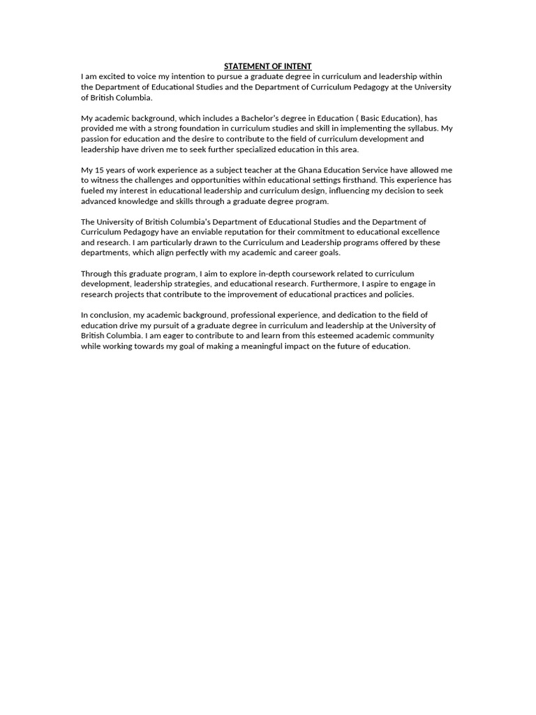 Statement of Intent-Ubc | PDF