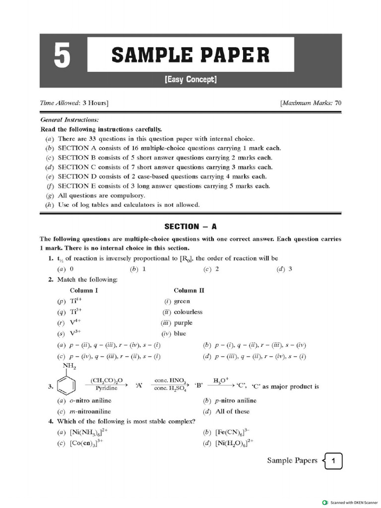 Cbse cl12 Ead Chemistry Easy Paper 5 | PDF