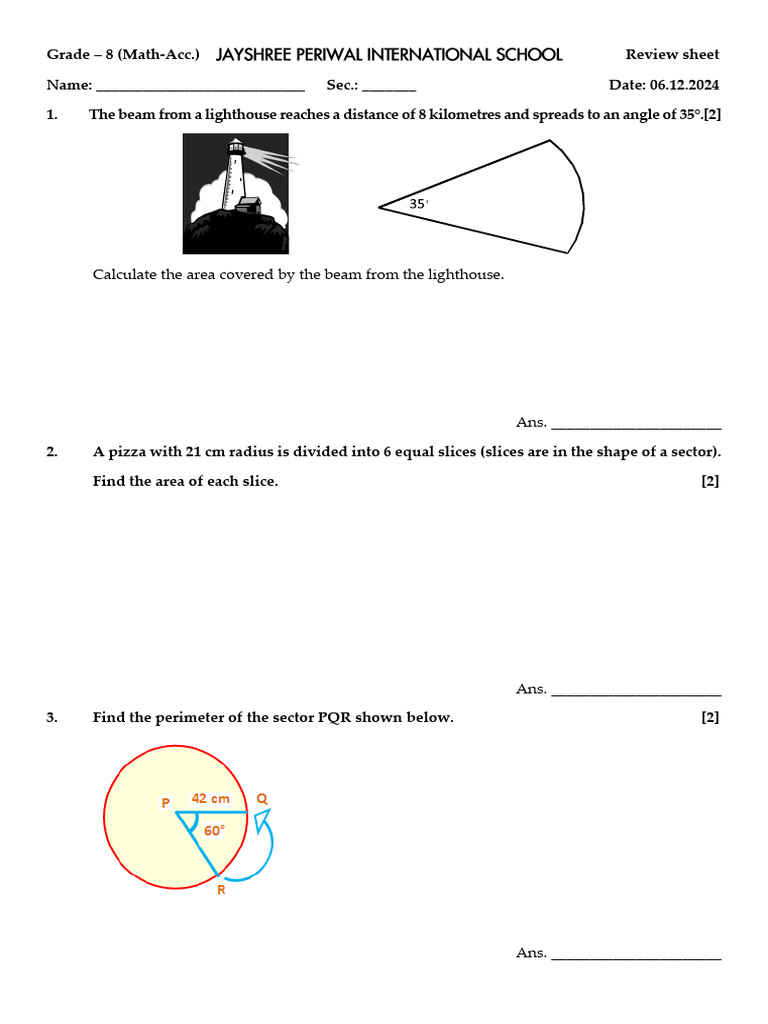 Math (Accelerated) - Review Sheet - 06.12.24 | PDF | Area | Circle