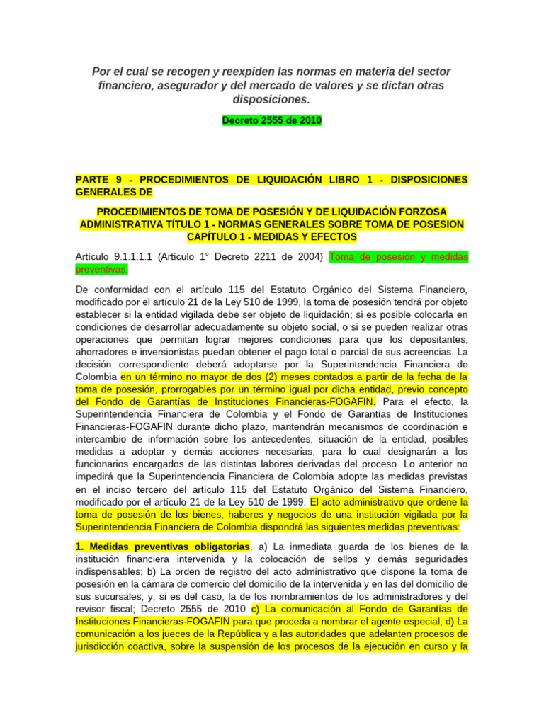 DECRETO 2555-2010 (1) | PDF | Póliza de seguros | Pagos