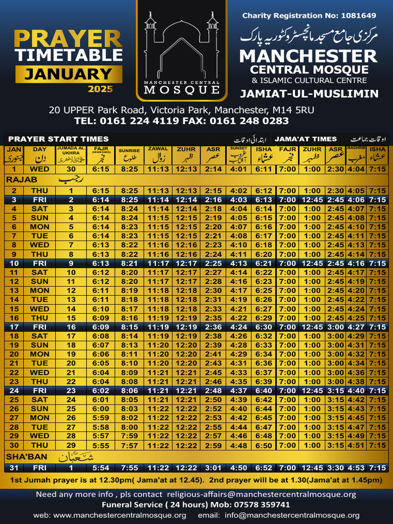 Manchester Central Mosque Time Table January 2025 | PDF | Sharia | Prayer