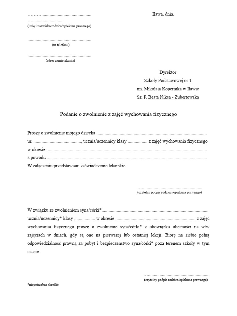 PODANIE o Zwolnienie z Wf | PDF