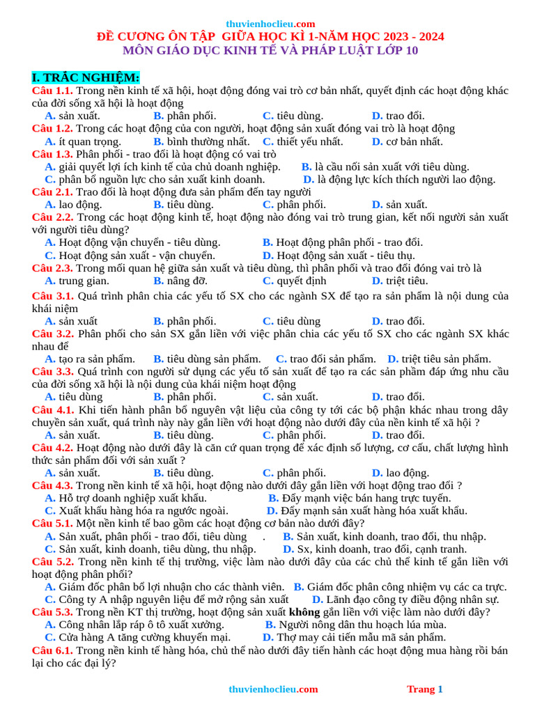 De Cuong On Tap Giua HK1 Kinh Te Va Phap Luat 10 | PDF