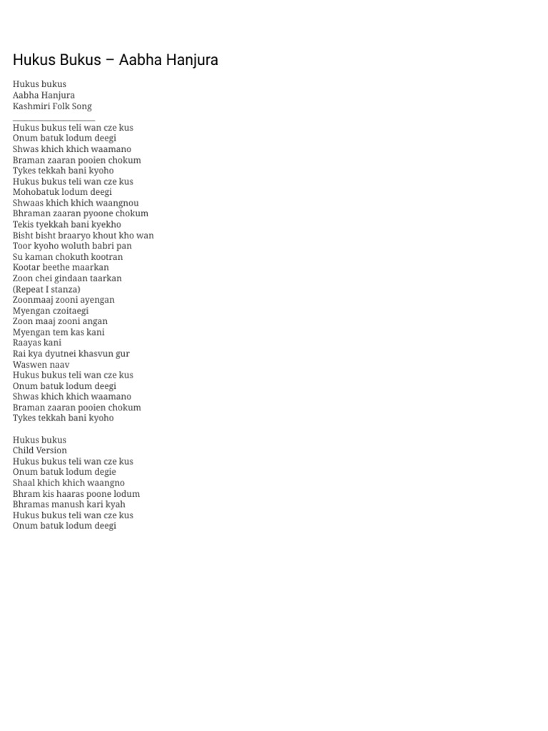 Hukus Bukus: Kashmiri Folk Lyrics | PDF