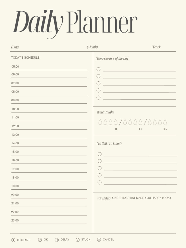 Cream Dark Grey Minimalist Daily Planner | PDF