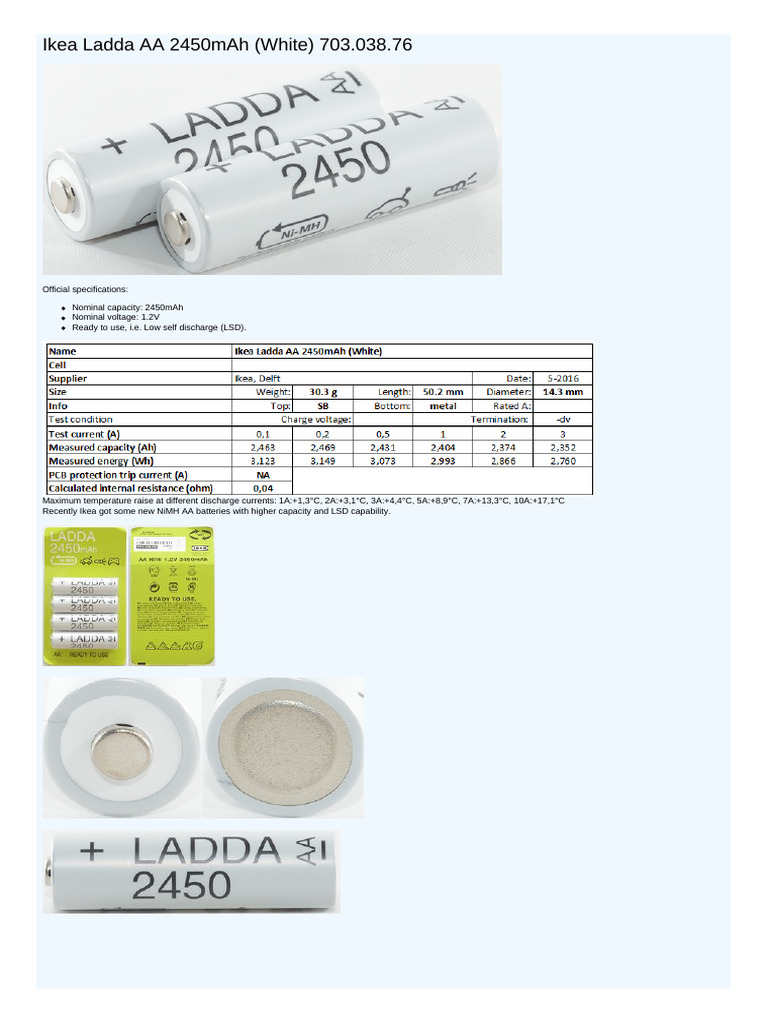 Ikea Ladda AA 2450mAh Battery Specs | PDF