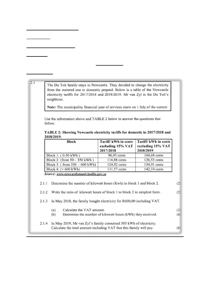 Mathematical Literacy Tariff Test | PDF