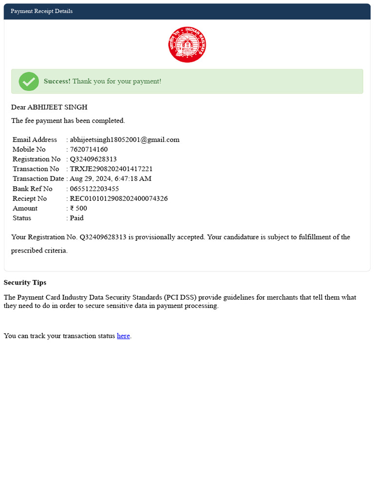 Payment Receipt Confirmation for ABHIJEET SINGH | PDF
