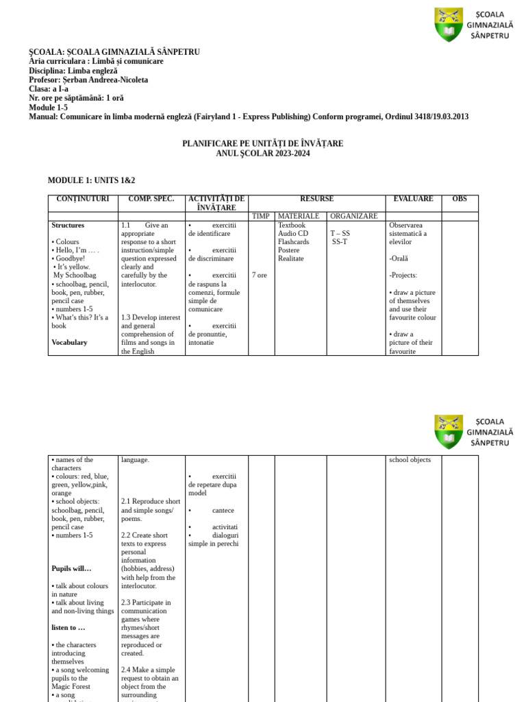 English Curriculum Plan for 1st Grade | PDF