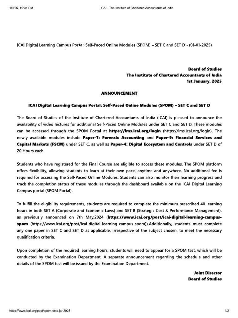 ICAI-Self-Paced Online Modules (SPOM) - SET C and SET D | PDF