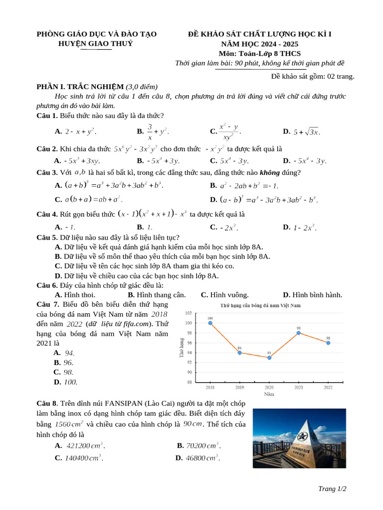 1. ĐỀ TOÁN 8 HKI 24-25 | PDF