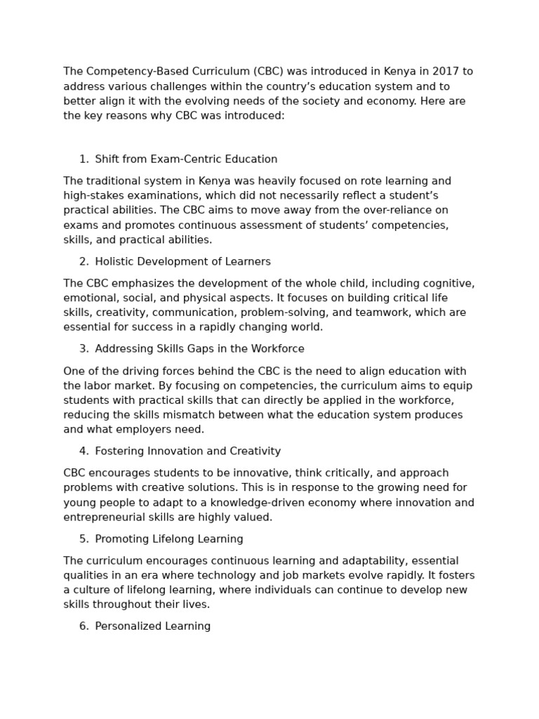 Overview of Kenya's Competency-Based Curriculum | PDF | Learning ...