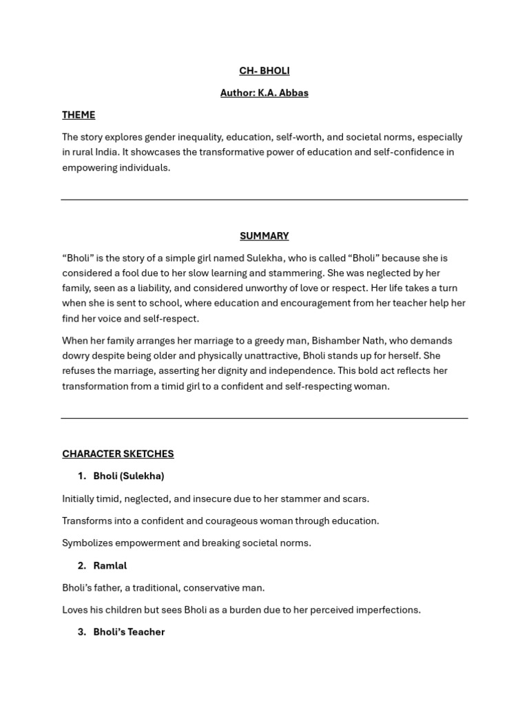 CH- BHOLI Summary | PDF | Identity Politics | Self Esteem