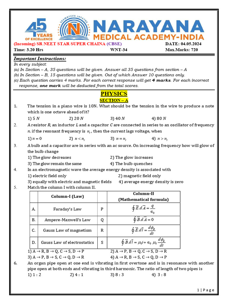(Incoming) Sr Neet Star Super Chaina (Cbse) (Wnt-34) Qp Ex.dt. 04.05. ...