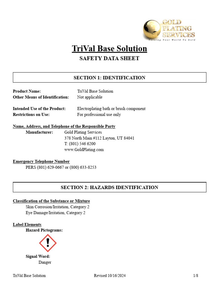 TriVal_Base_SDS_2025 (1) | PDF | Toxicity | Personal Protective Equipment