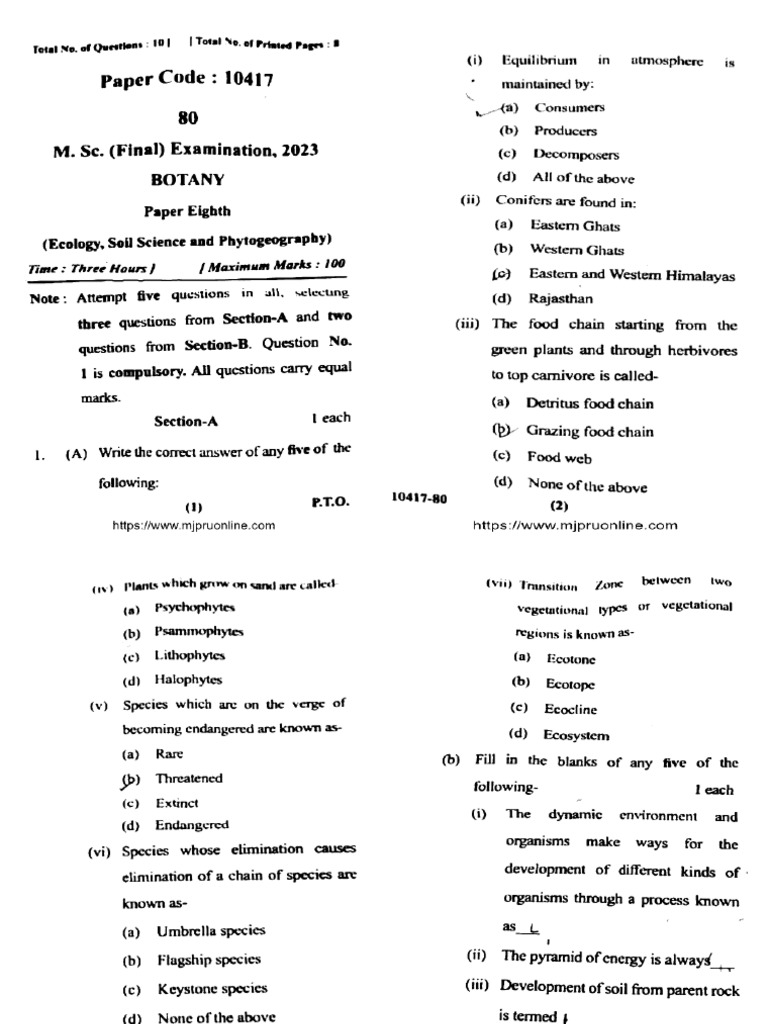 MSC Part 2 Botany Ecology Soil Science and Phytogeography 10417 2023 | PDF