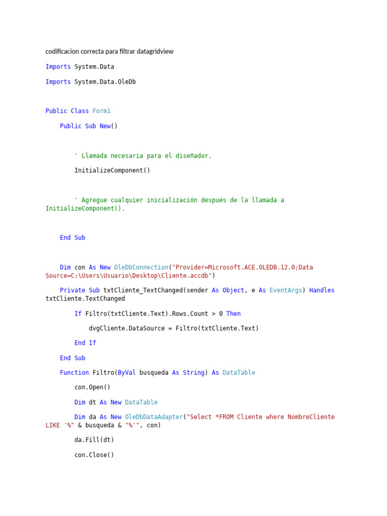 codificacion correcta para filtrar datagridview | PDF