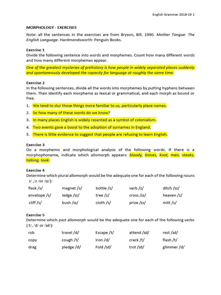 Morphology Exercises for English Grammar | PDF | Word | Morphology (Linguistics)