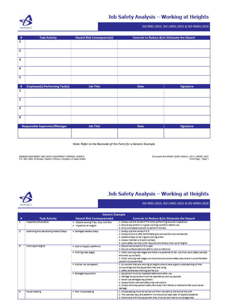 JSA010 Working at Heights V0.0 | PDF | Workplace | Working Conditions