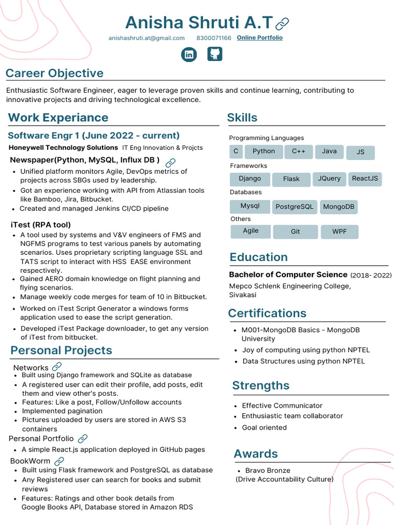 Anisha Shruti A T - Resume | PDF | Databases | Python (Programming Language)