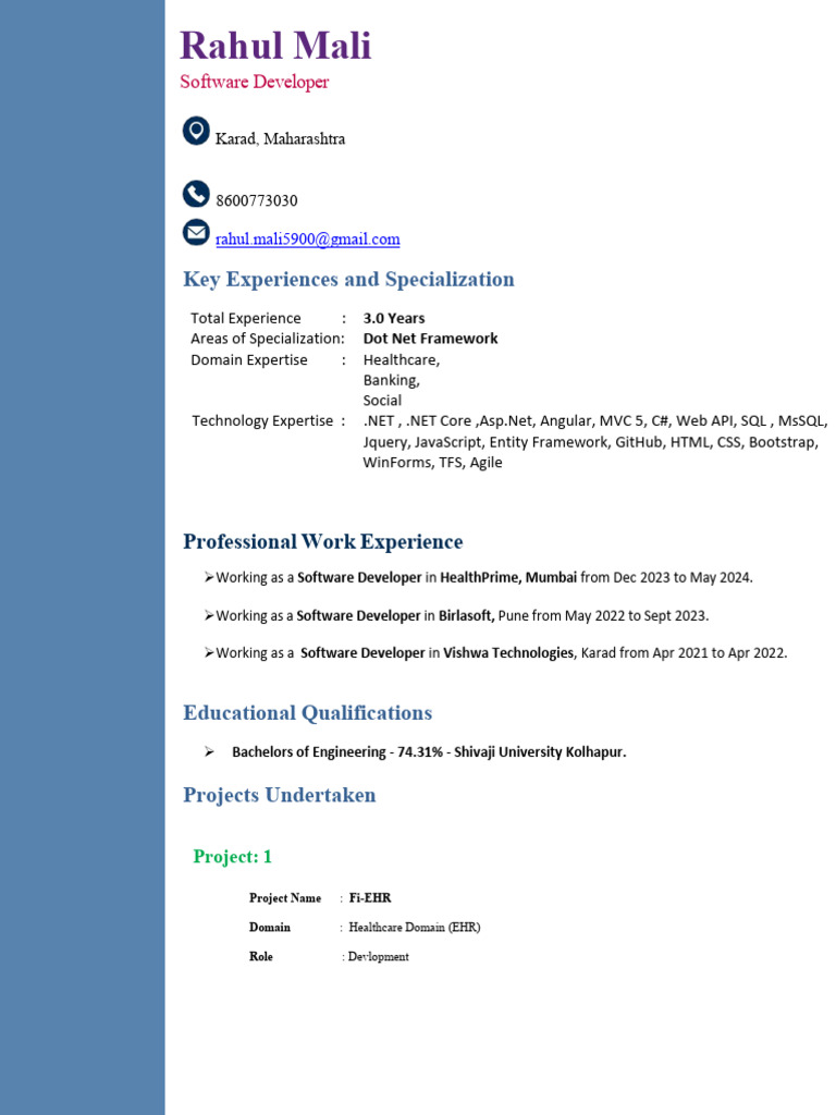 Rahul Mali DotNet Developer CV | PDF | Angular Js | Information Technology