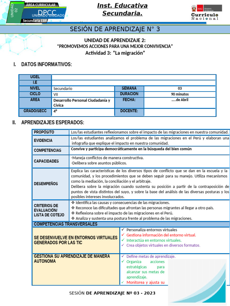 4º DPCC Ses 3 Uni 2 Semana 03 | PDF | Aprendizaje | Migración humana