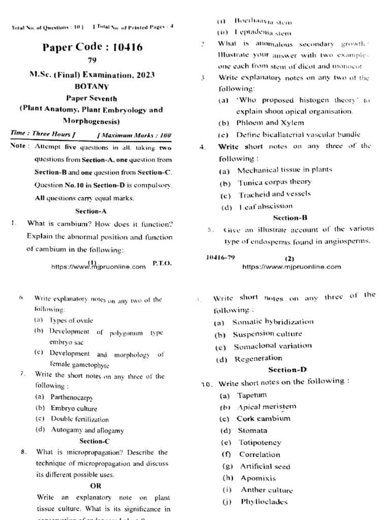 Msc Part 2 Botany Plant Anatomy Plant Embryology and Morphogenesis ...