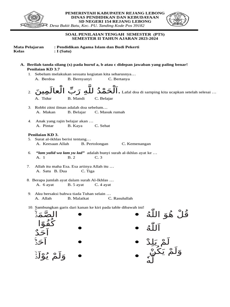 Soal PTS KLS 1 2024 Semester Genap | PDF