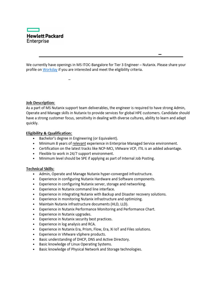 JD Nutanix L3 | PDF | Computing | Information Technology