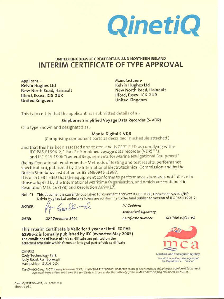 Type Approval MANTA Digital S-VDR | PDF