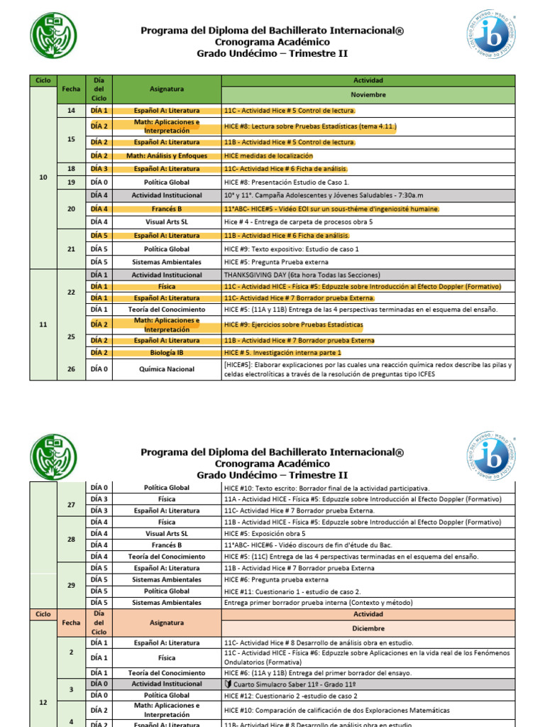Cronograma+Académico 11° TRIM+II | PDF | Física