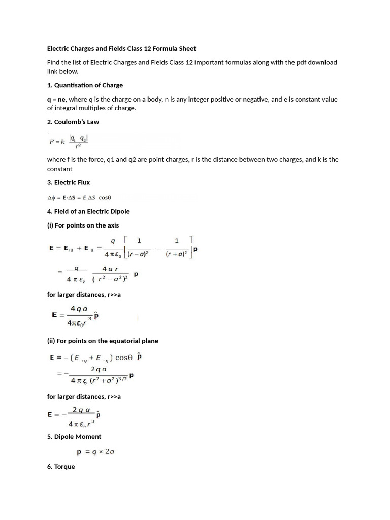 Electric Charges and Fields Class 12 Formula Sheet | PDF | Rectifier | P–N Junction