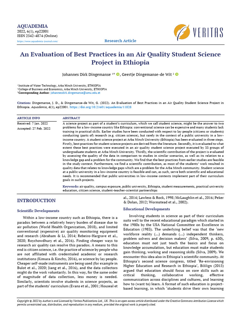 An Evaluation of Best Practices in An Air Quality Student Science Project in Ethiopia 11828 ...