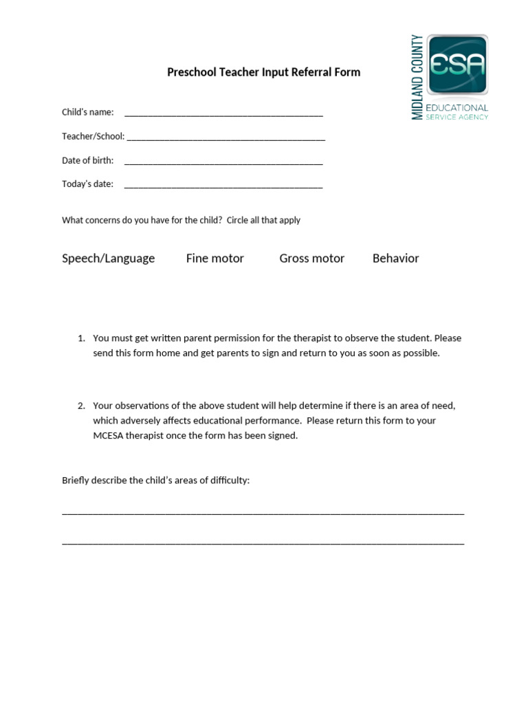 Preschool Teacher Referral Form | PDF